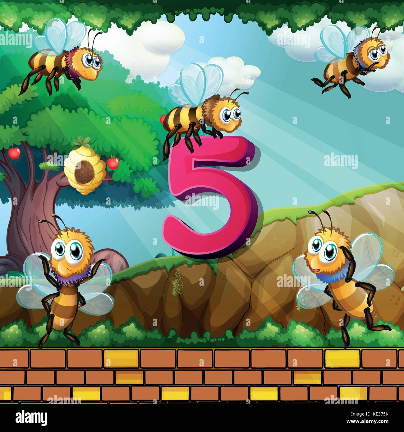 Number five with 5 bees flying in garden illustration Stock Vector ...
