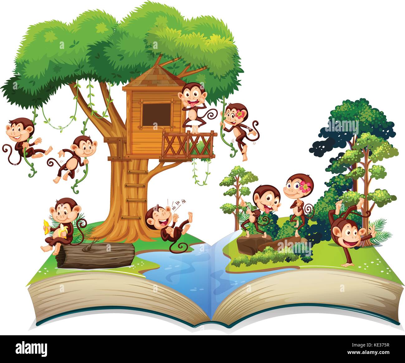 Monkeys playing at the treehouse illustration Stock Vector Image & Art ...
