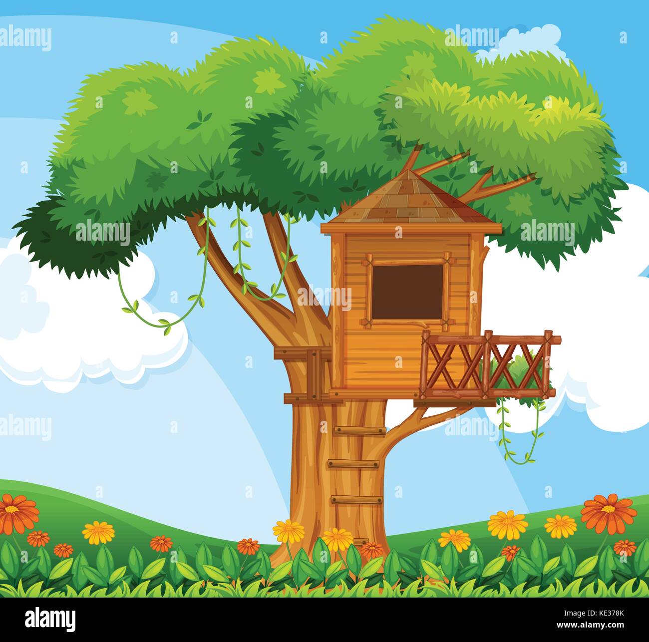Nature scene with treehouse in the garden illustration Stock Vector ...