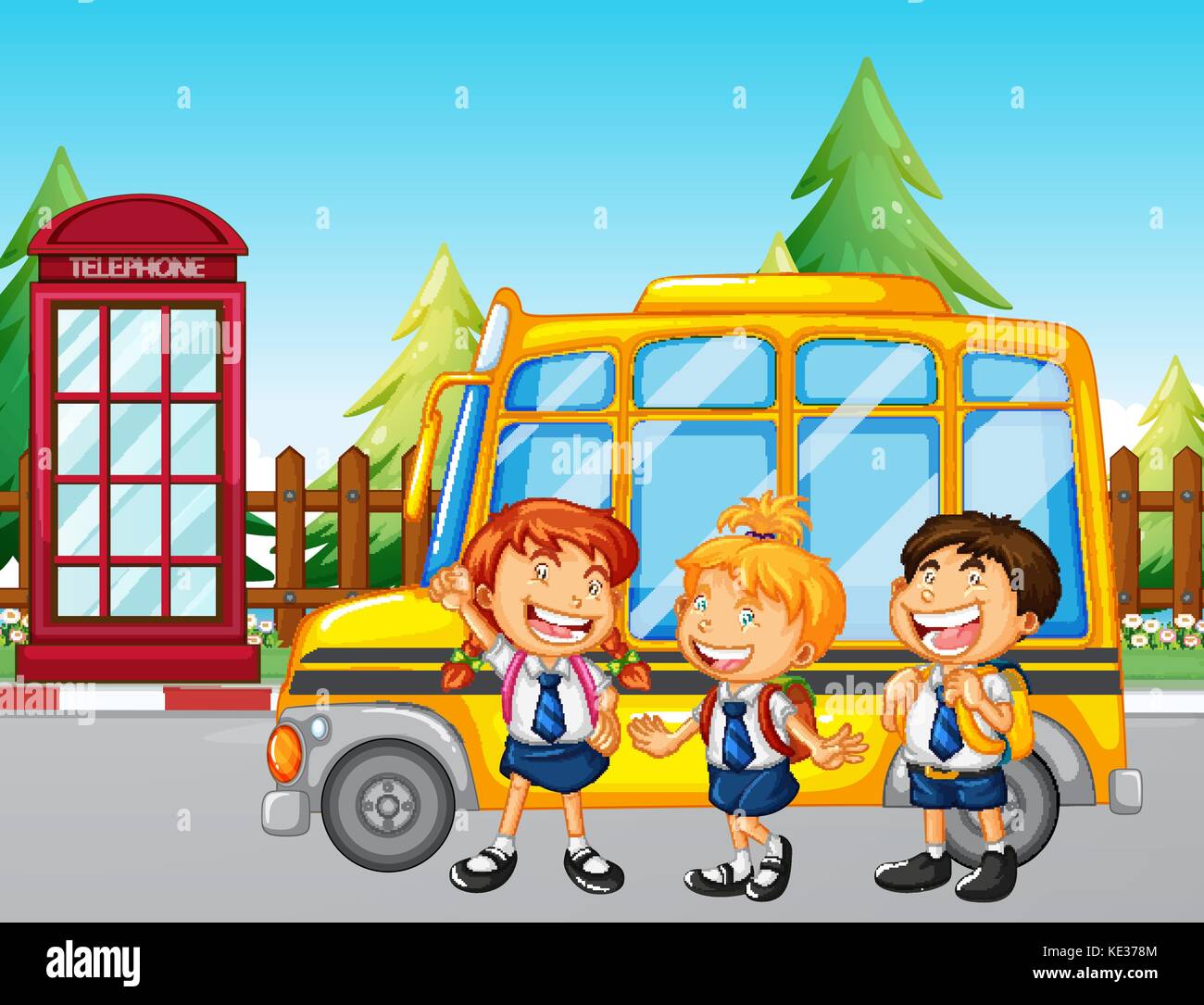 Students standing by the school bus illustration Stock Vector Image ...