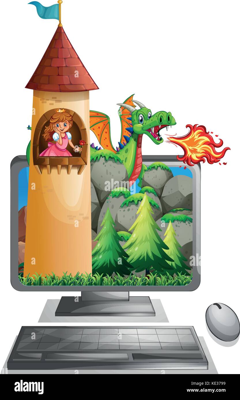 Computer screen with princess in the tower illustration Stock Vector ...