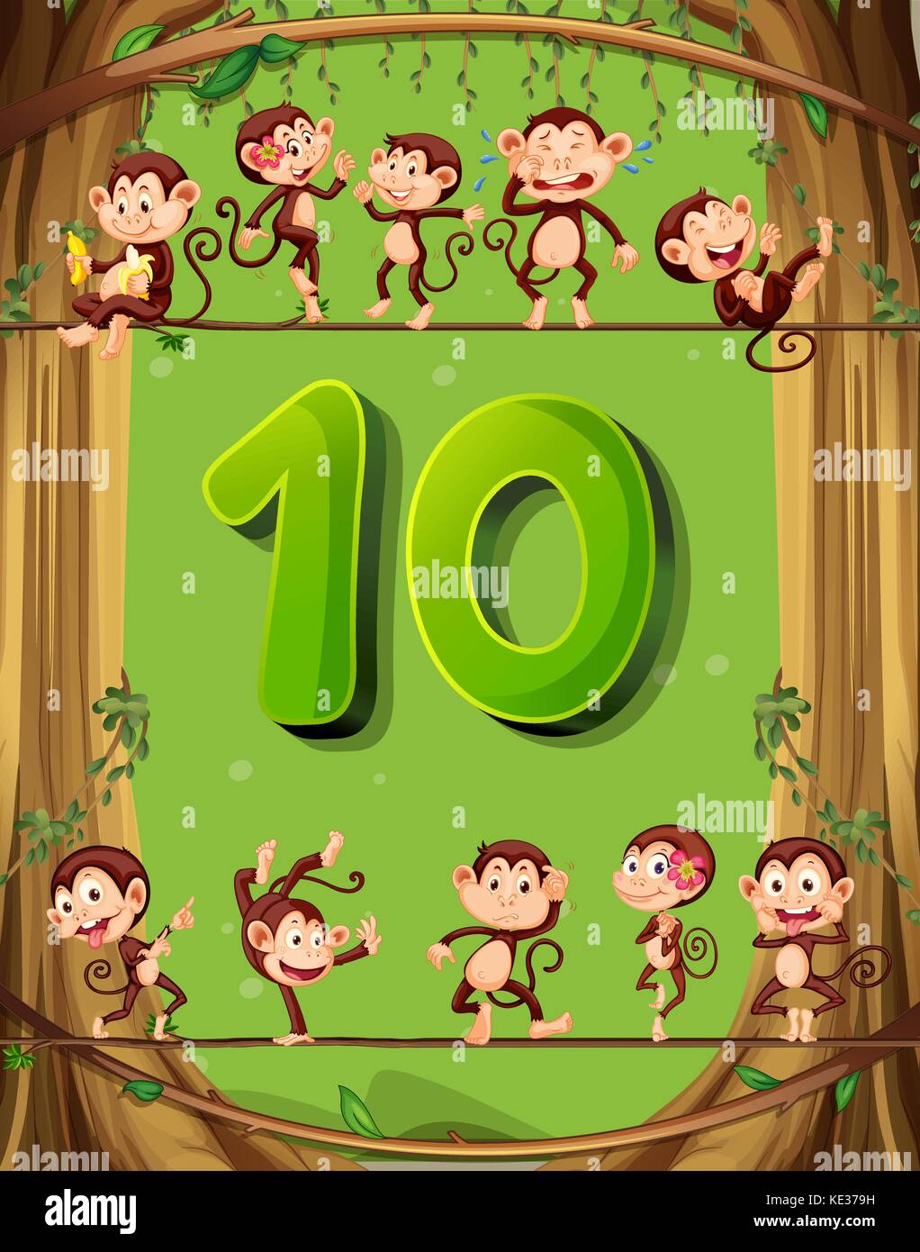 Number ten with 10 monkeys on the tree illustration Stock Vector Image ...