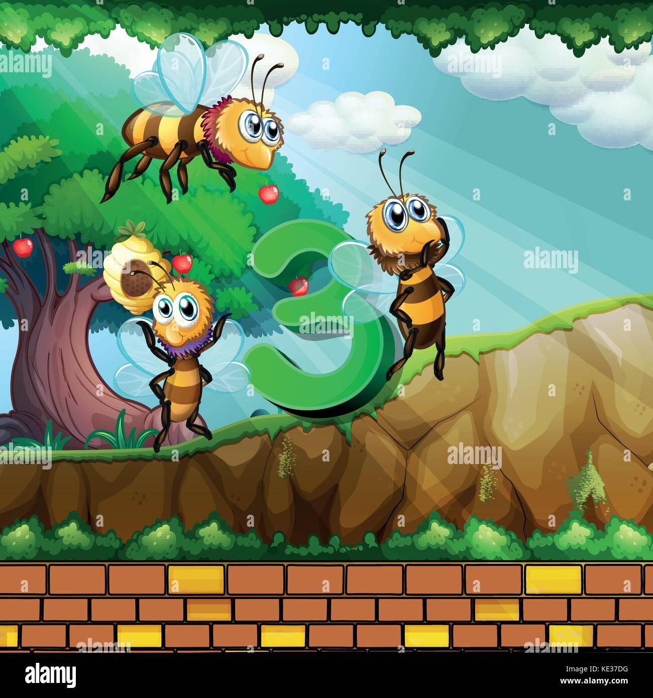 Number three with 3 bees flying in the garden illustration Stock Vector ...