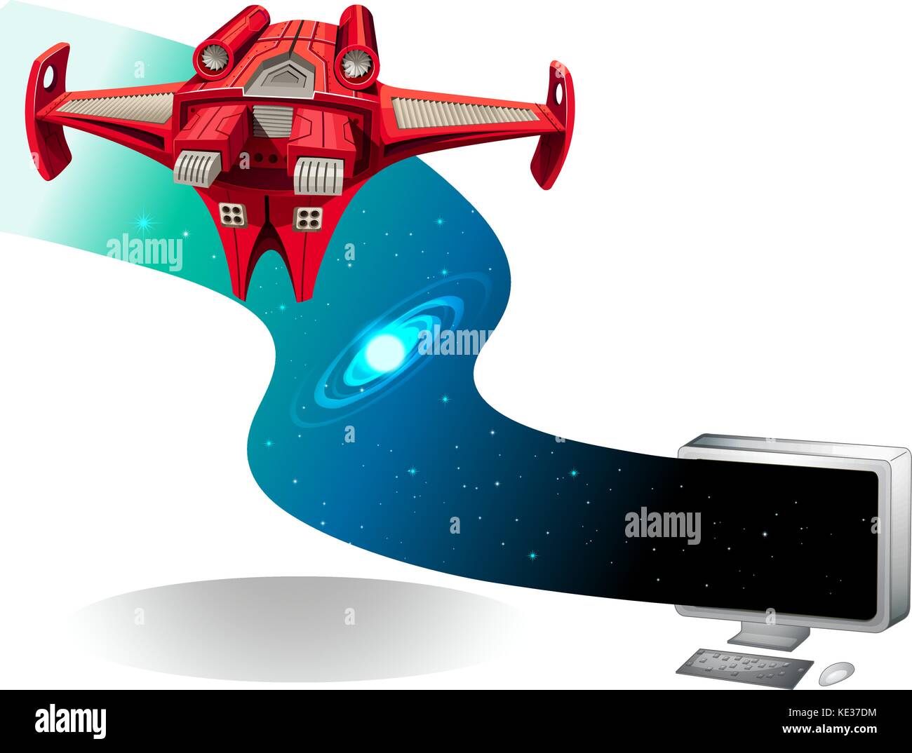 Spaceship flying out of the computer illustration Stock Vector Image ...