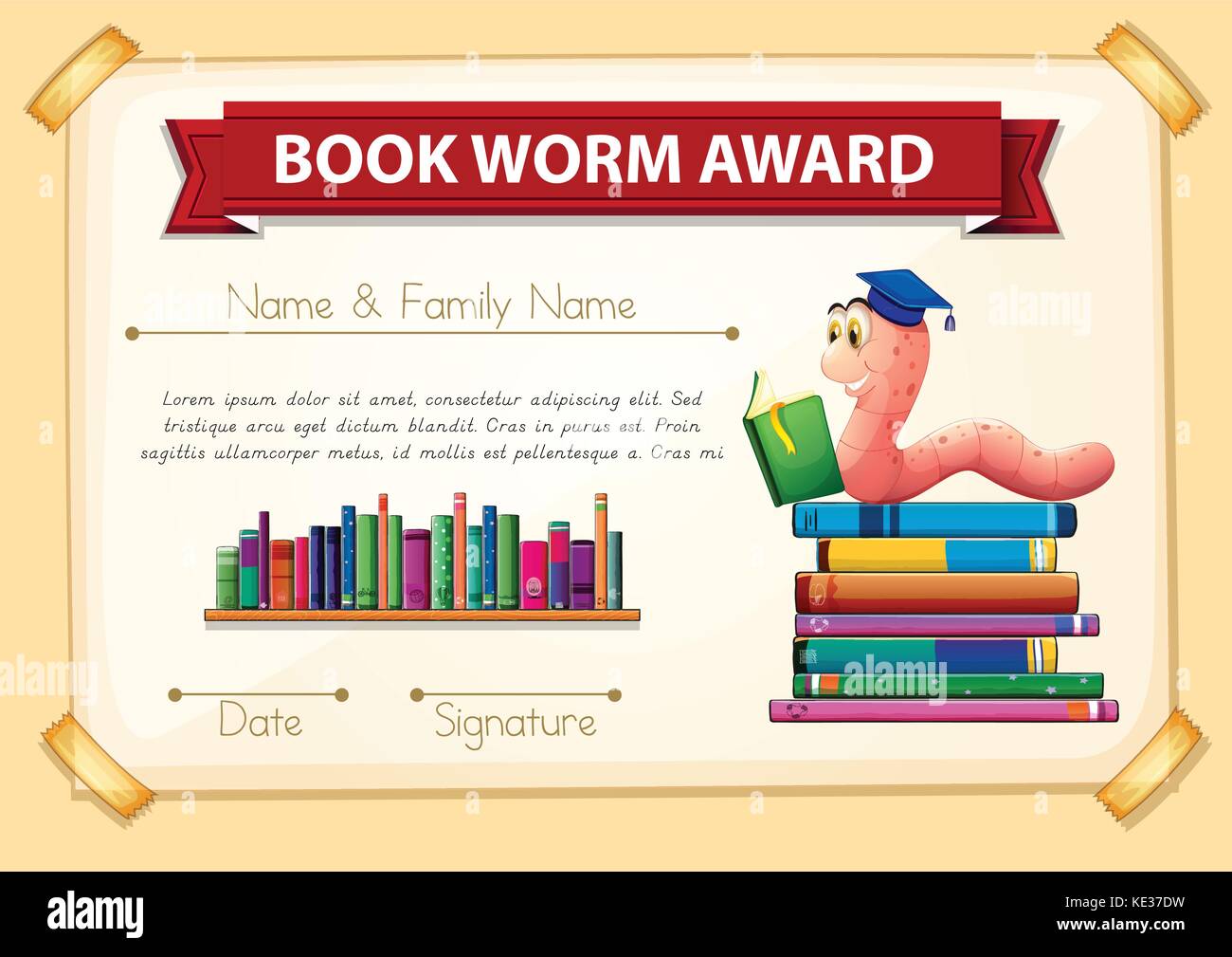 Bookworm award template with books and worm illustration Stock Vector ...