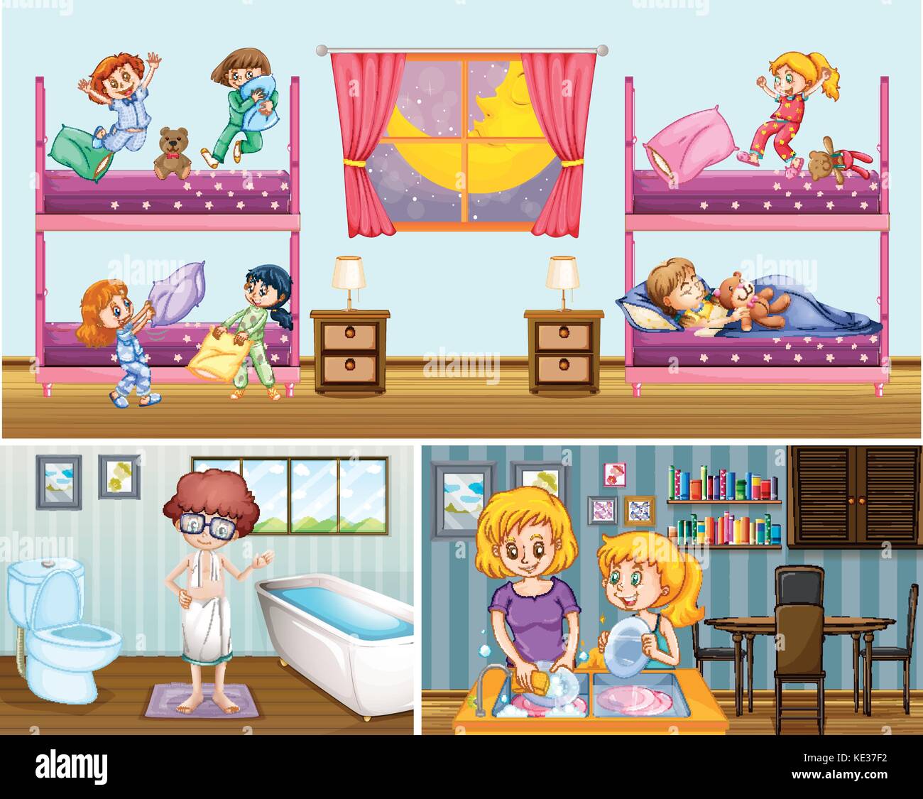 Four scenes of people in the house illustration Stock Vector Image ...