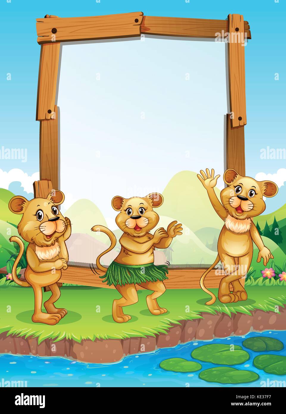 Border design with three lions by the river illustration Stock Vector ...