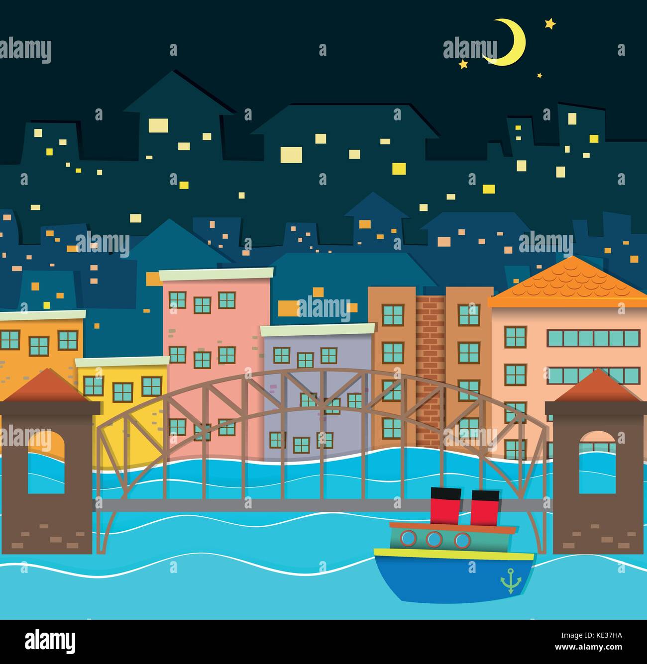 Bridge over the river scene at night illustration Stock Vector Image ...