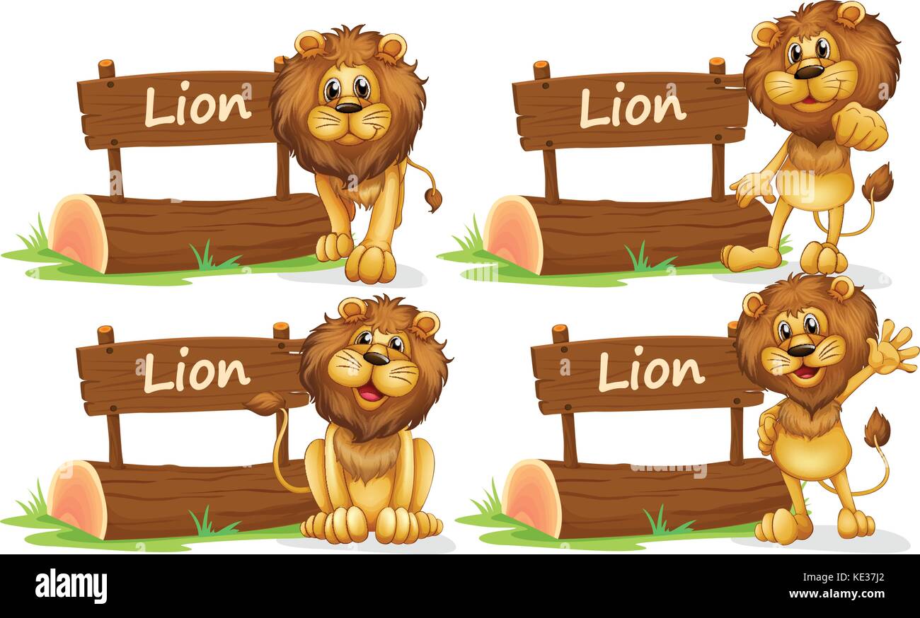 Cute lion by the wooden sign illustration Stock Vector Image & Art - Alamy