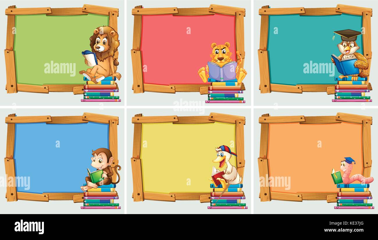 Wooden frames with animals reading books illustration Stock Vector ...