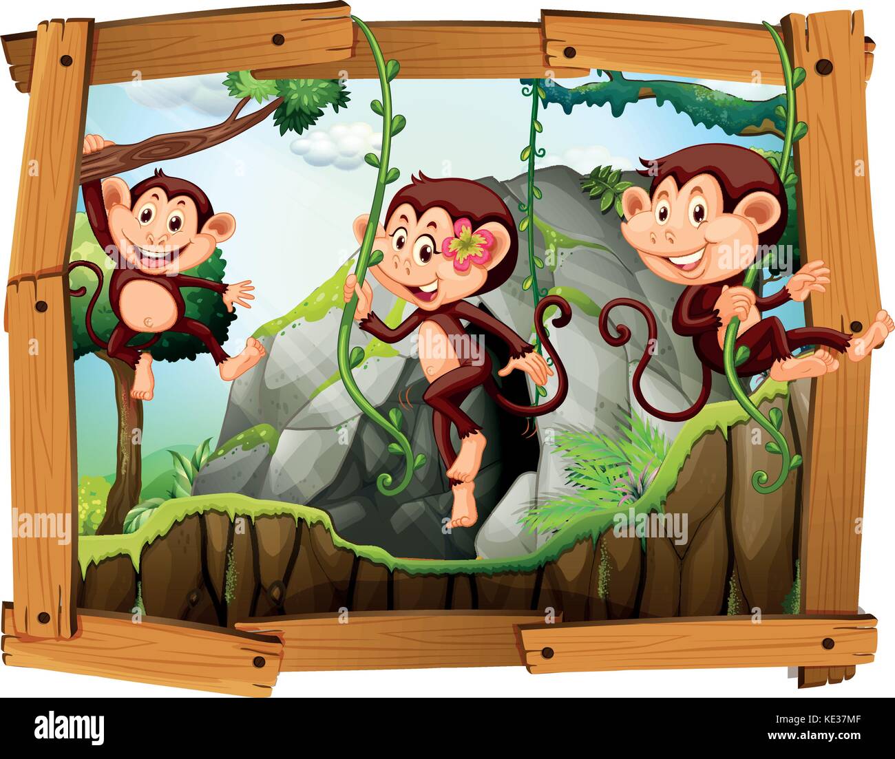 Monkeys and cave in the wooden frame illustration Stock Vector Image ...