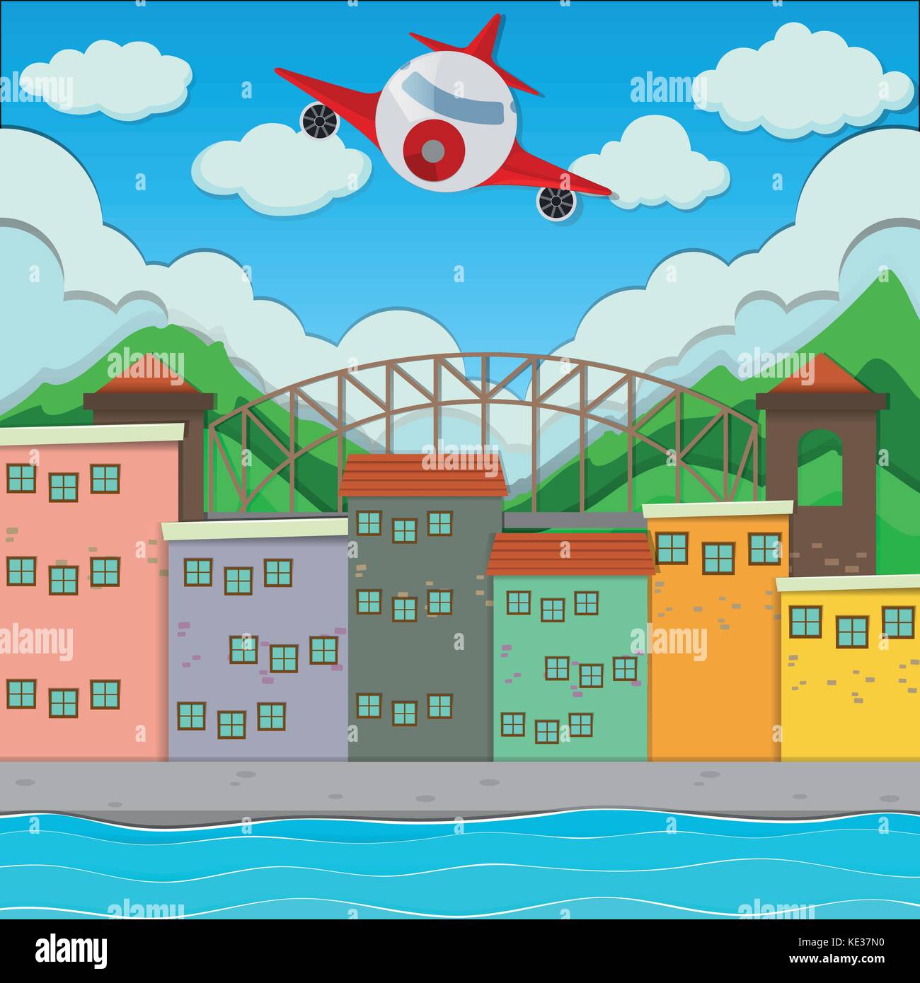 Airplane flying over the town illustration Stock Vector Image & Art - Alamy