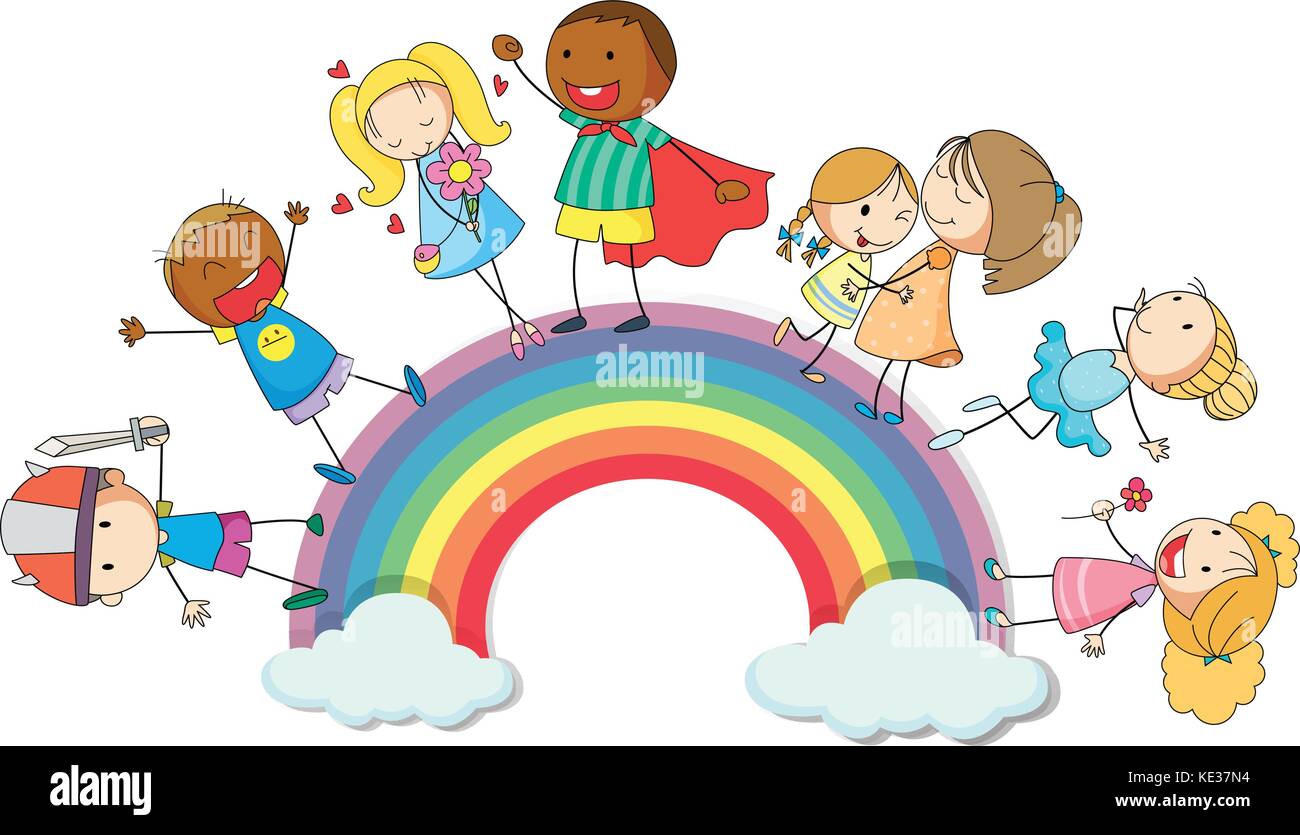 Happy children standin on rainbow illustration Stock Vector Image & Art ...