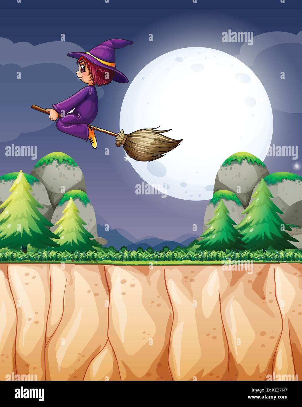 Witch flying on broom at night illustration Stock Vector Image & Art ...