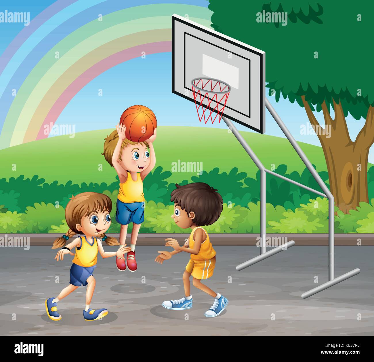Kids Playing Basketball Cartoon