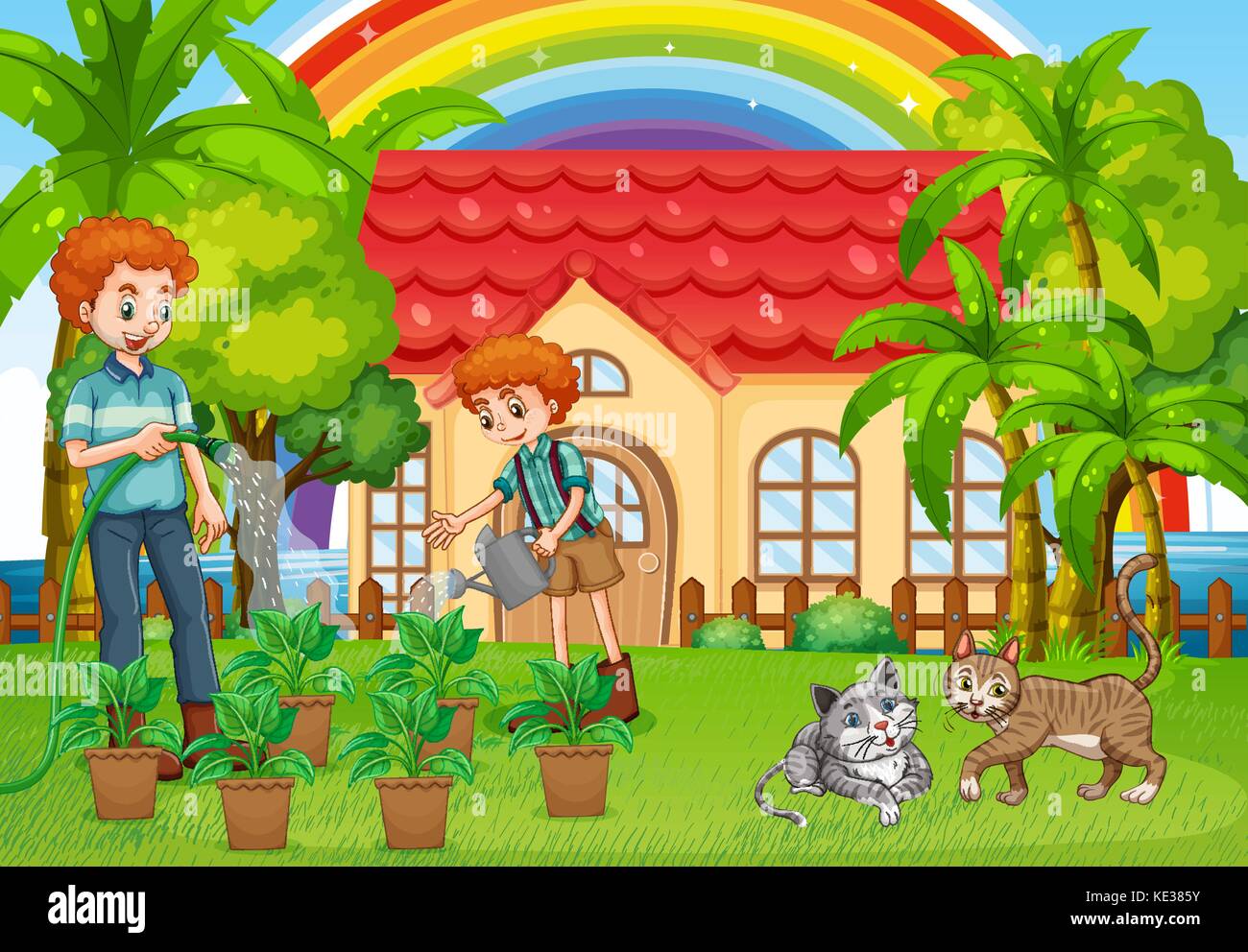 Dad and son watering plants in garden illustration Stock Vector Image ...