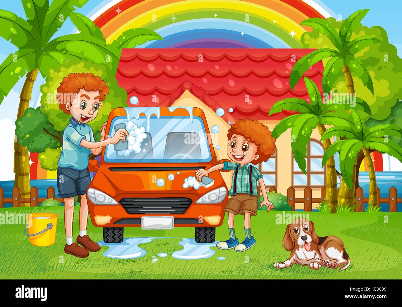 Dad and son washing car in backyard illustration Stock Vector Image ...