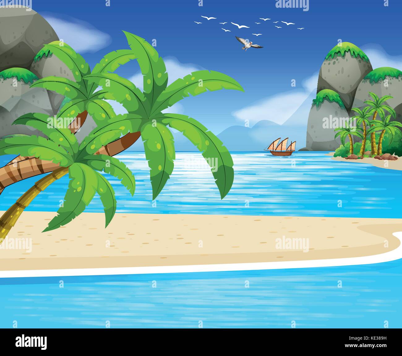 Ocean view with sail floating on water illustration Stock Vector Image ...