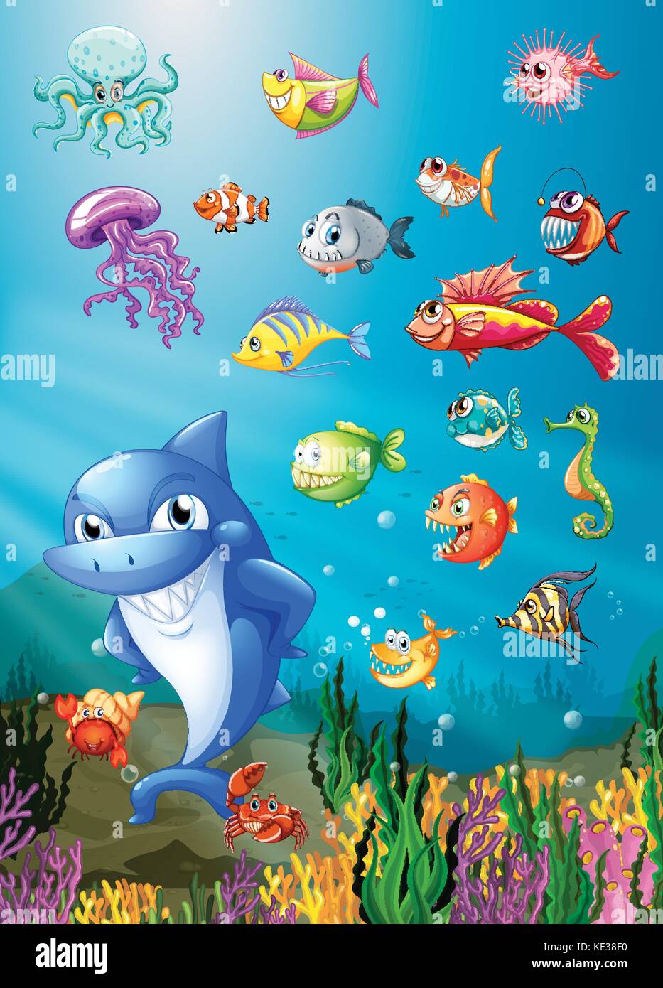 Shark and fish swimming under the sea illustration Stock Vector Image ...