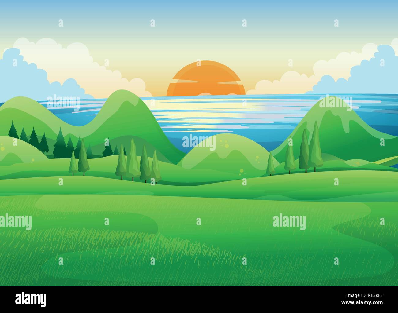 Green field at sunset illustration Stock Vector Image & Art - Alamy