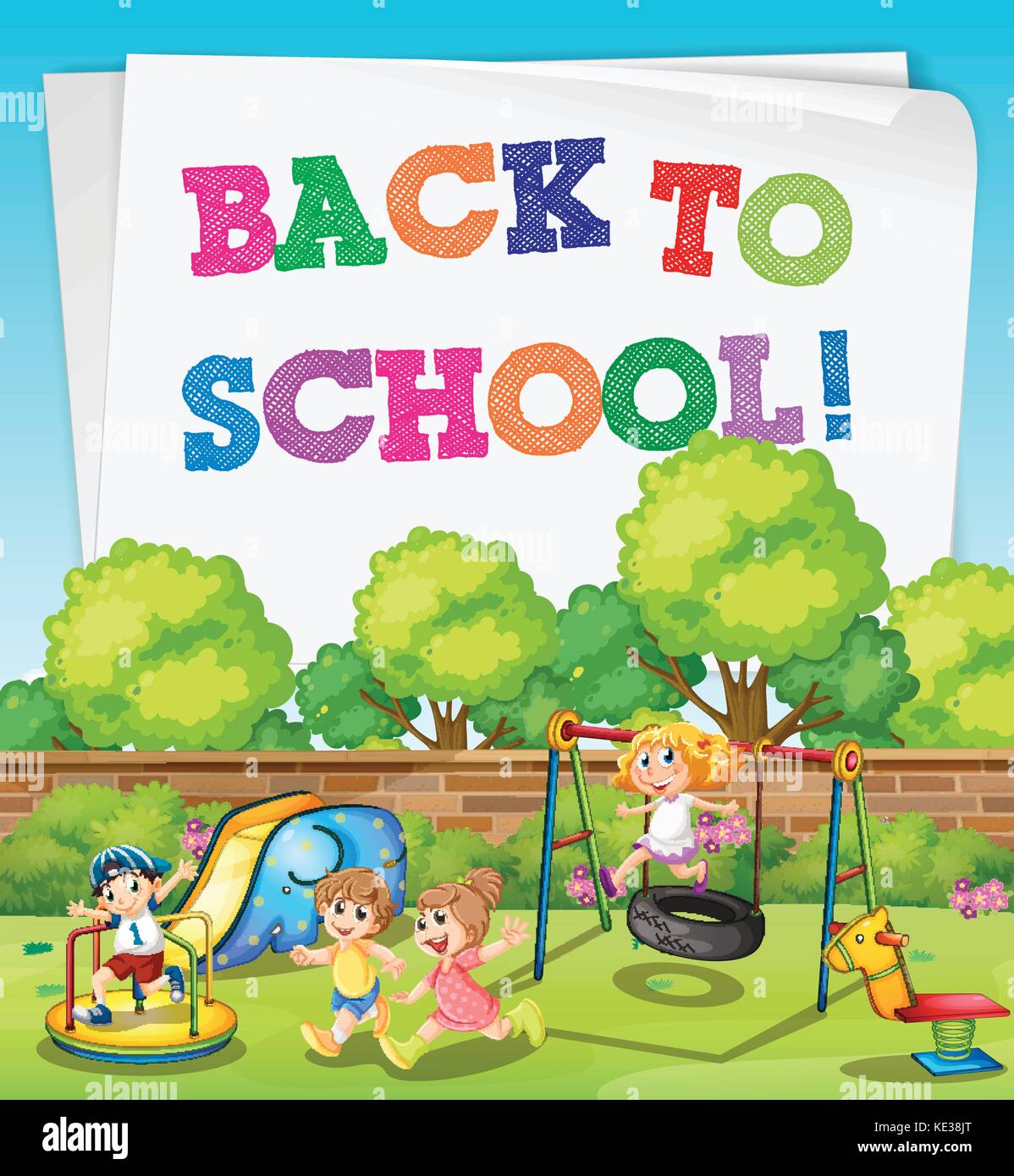 Back to school theme with children in playground illustration Stock ...