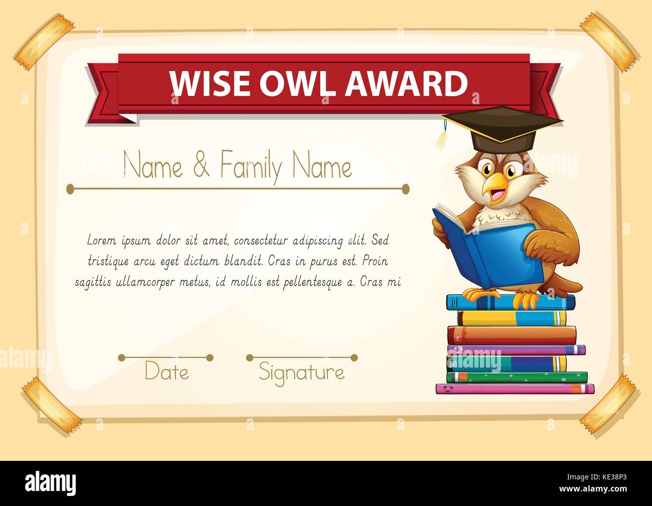 Certificate template with owl reading books illustration Stock Vector ...