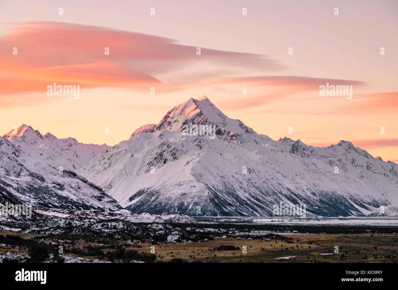 View of the majestic Aoraki Mount Cook with the road leading to Mount ...