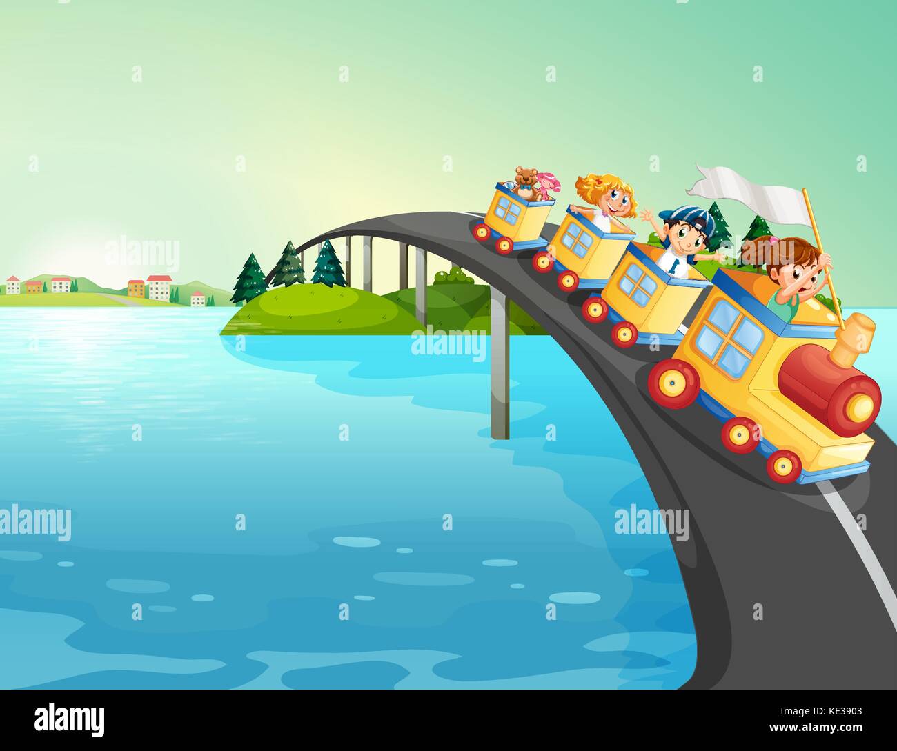 Children riding train over the bridge illustration Stock Vector Image ...
