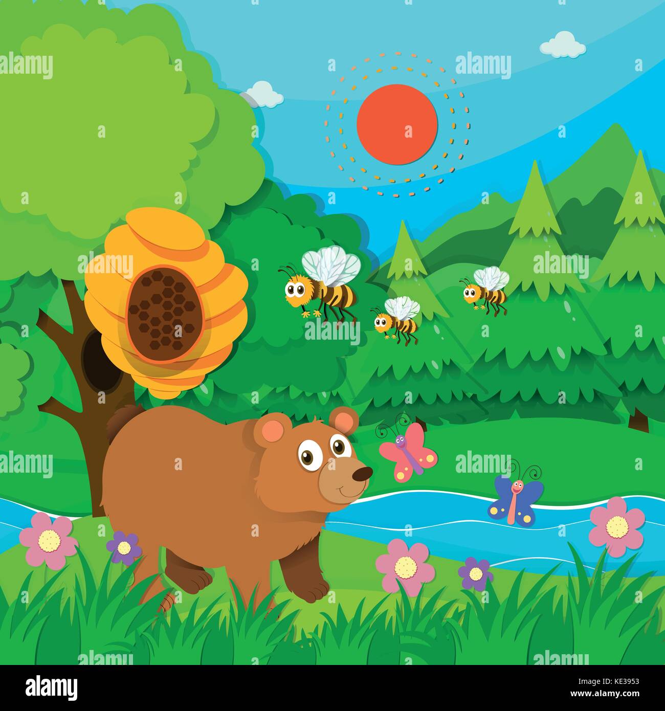 Bear and bees in the forest illustration Stock Vector Image & Art - Alamy