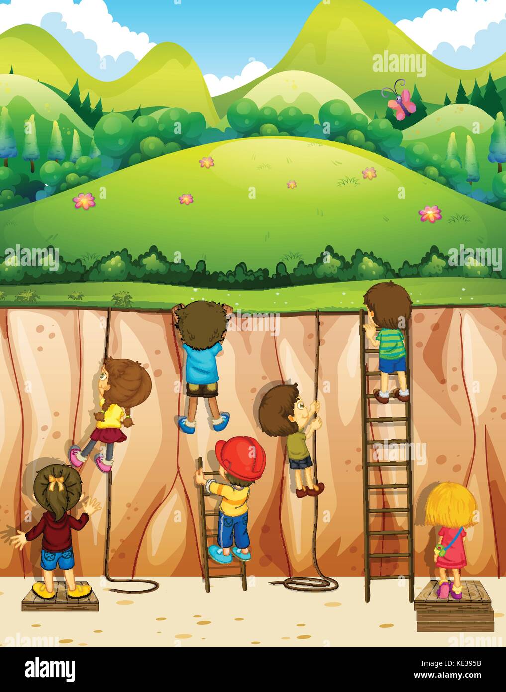 Children climbing up the cliff illustration Stock Vector Image & Art ...