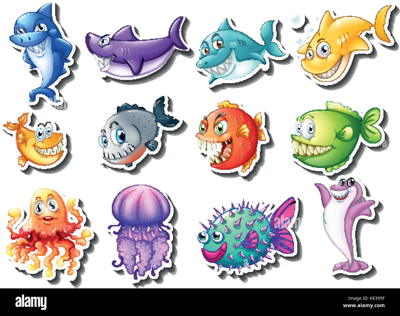 Sticker set of sharks and fish illustration Stock Vector Image & Art ...