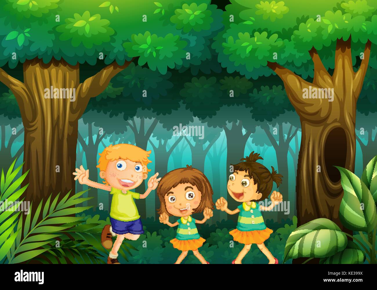 Three kids dancing in the forest illustration Stock Vector Image & Art ...