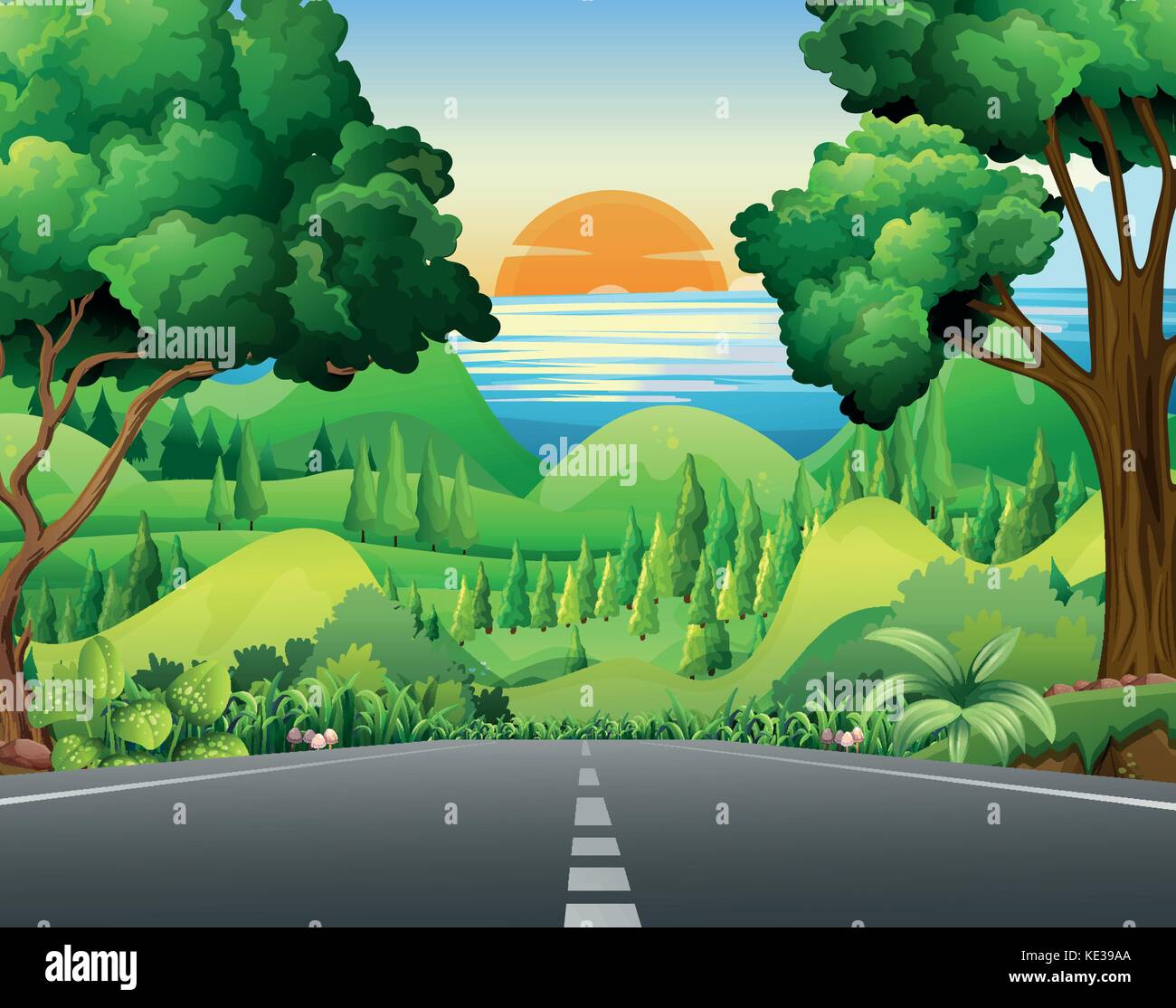 Scene with road and forest illustration Stock Vector Image & Art - Alamy