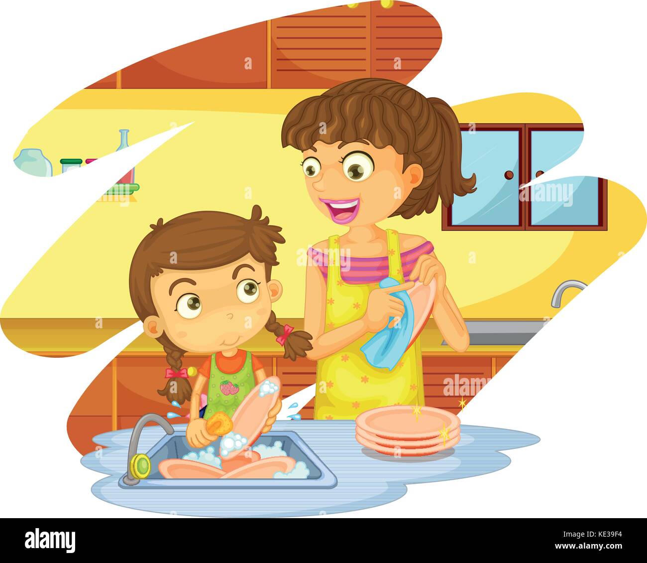 Girl helping mom doing dishes illustration Stock Vector Image & Art - Alamy