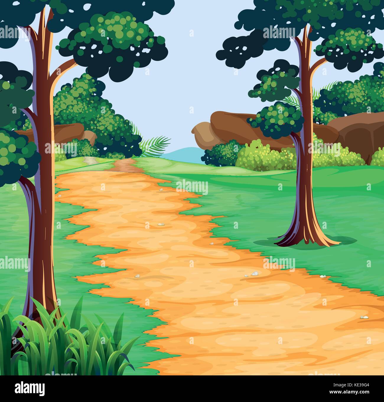 Nature scene with tree along the trail illustration Stock Vector Image ...