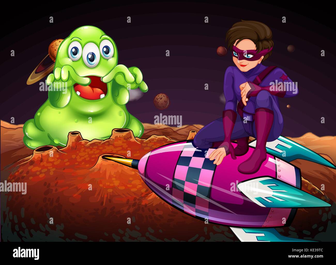 Superhero fighting alien on red planet illustration Stock Vector Image ...
