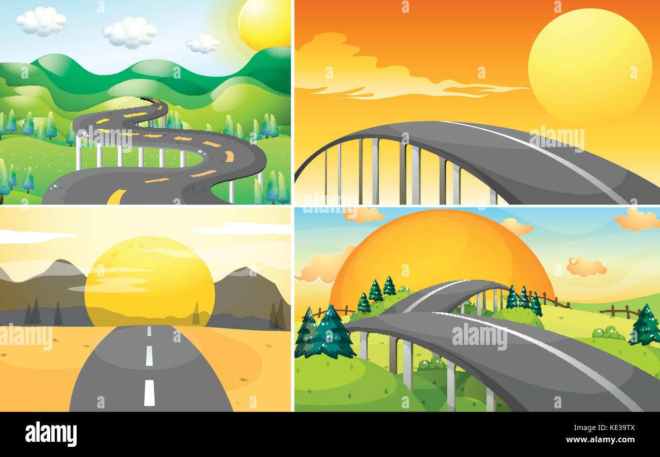 Four scenes of road to the countryside illustration Stock Vector Image ...