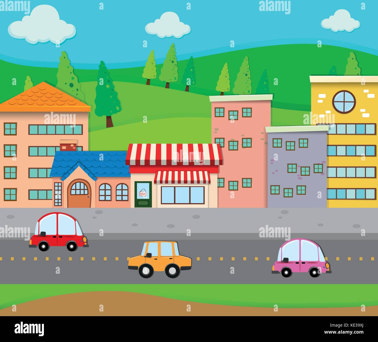 City scene with cars on the road illustration Stock Vector Image & Art ...