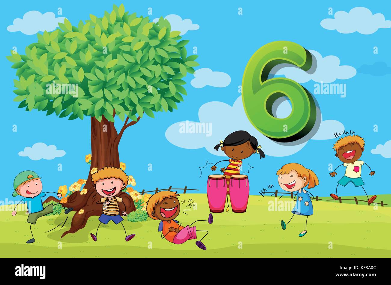 Flashcard number 6 with six children in the park illustration Stock ...