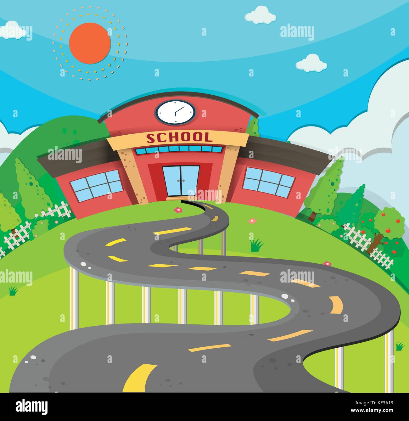 School scene with road to the school illustration Stock Vector Image ...