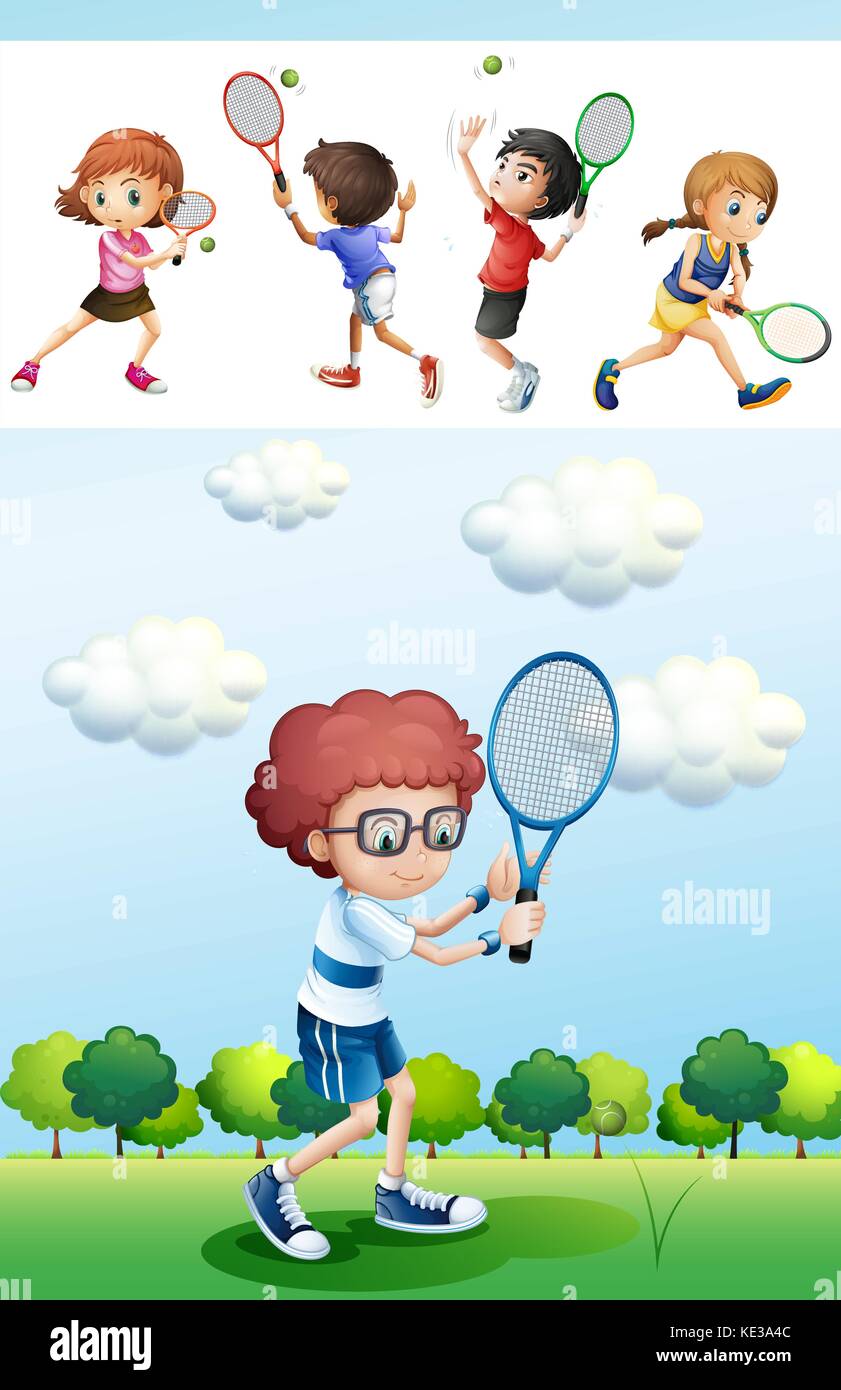 Kids playing tennis in park illustration Stock Vector Image & Art - Alamy