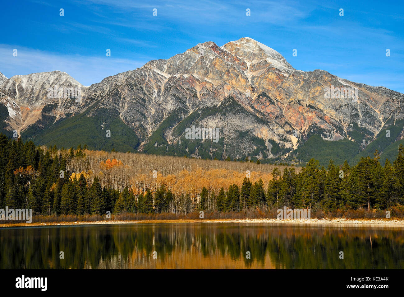 A fall landscape image of Pyramid mountain in Jasper National Park ...