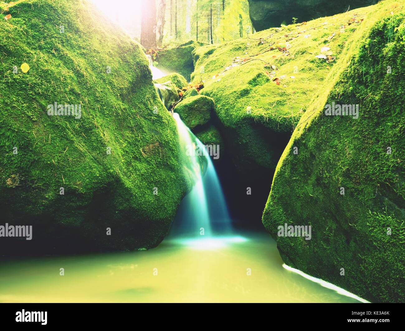Weir in mountain stream. Colorful leaves on stones into water. Dark ...