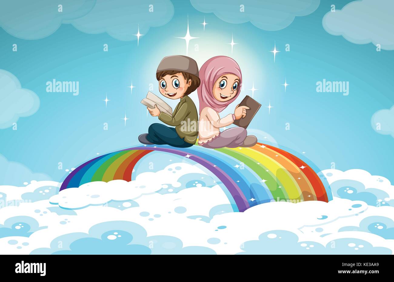 Two muslim reading books over the rainbow illustration Stock Vector ...
