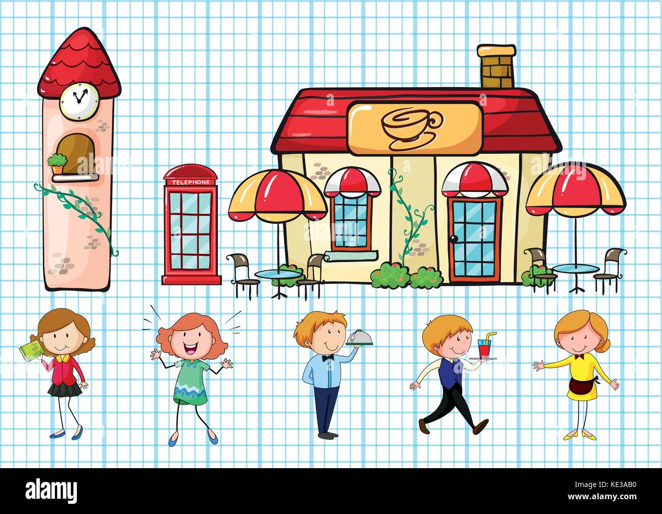 Restaurant set with waiters and restaurant illustration Stock Vector ...