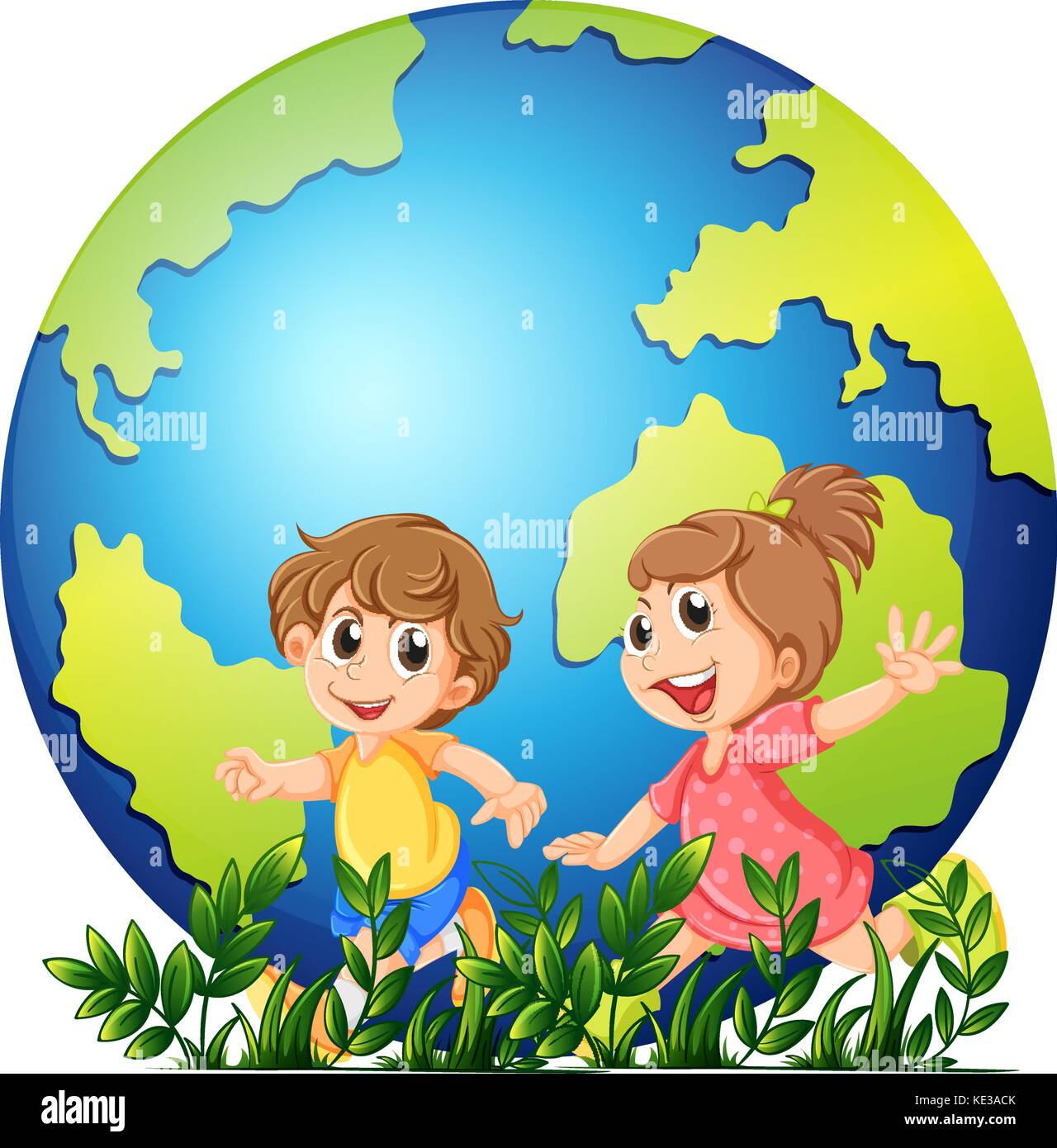 Earth theme with boy and girl running illustration Stock Vector Image ...