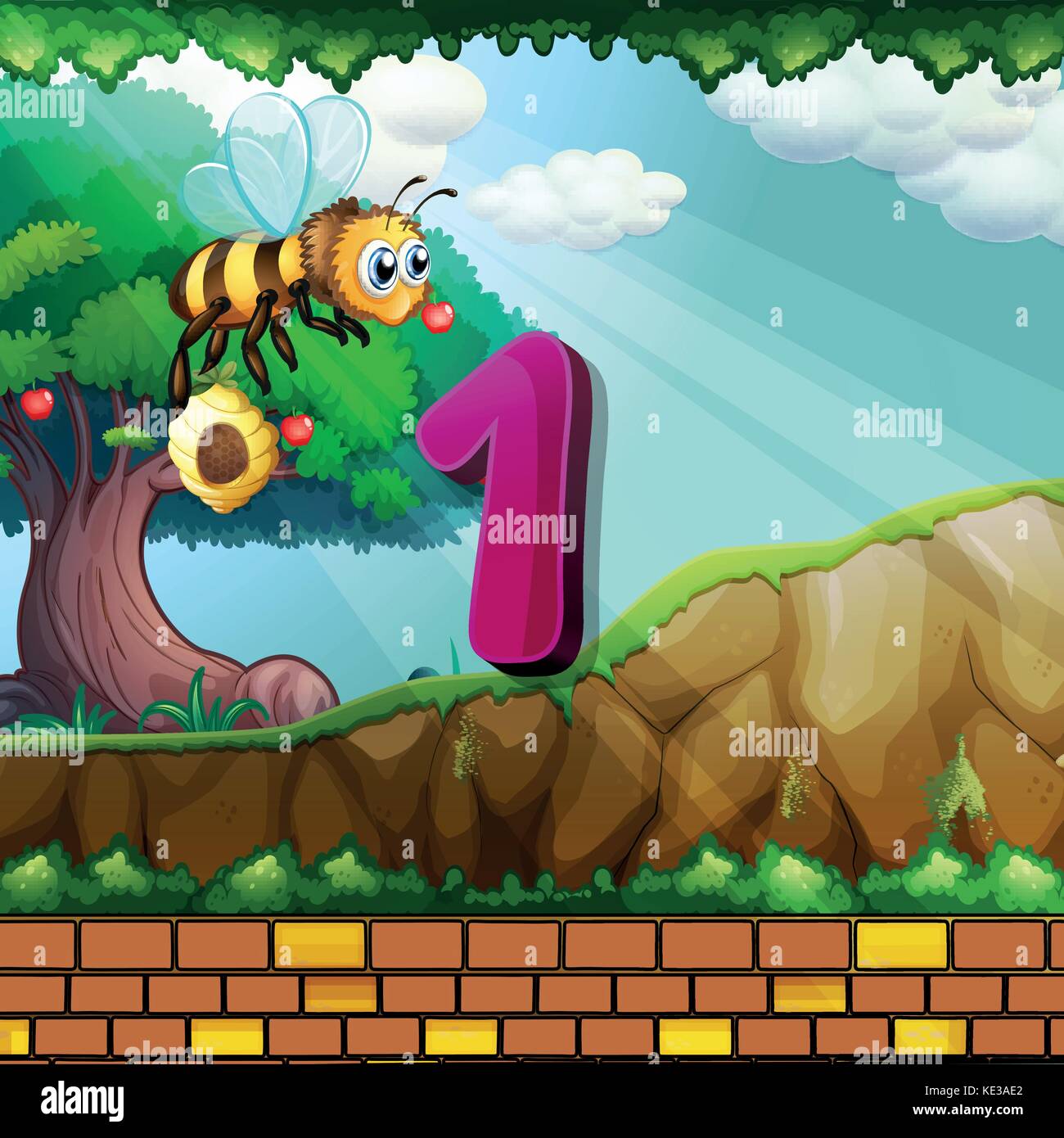 Number one with 1 bee flying in the garden illustration Stock Vector ...