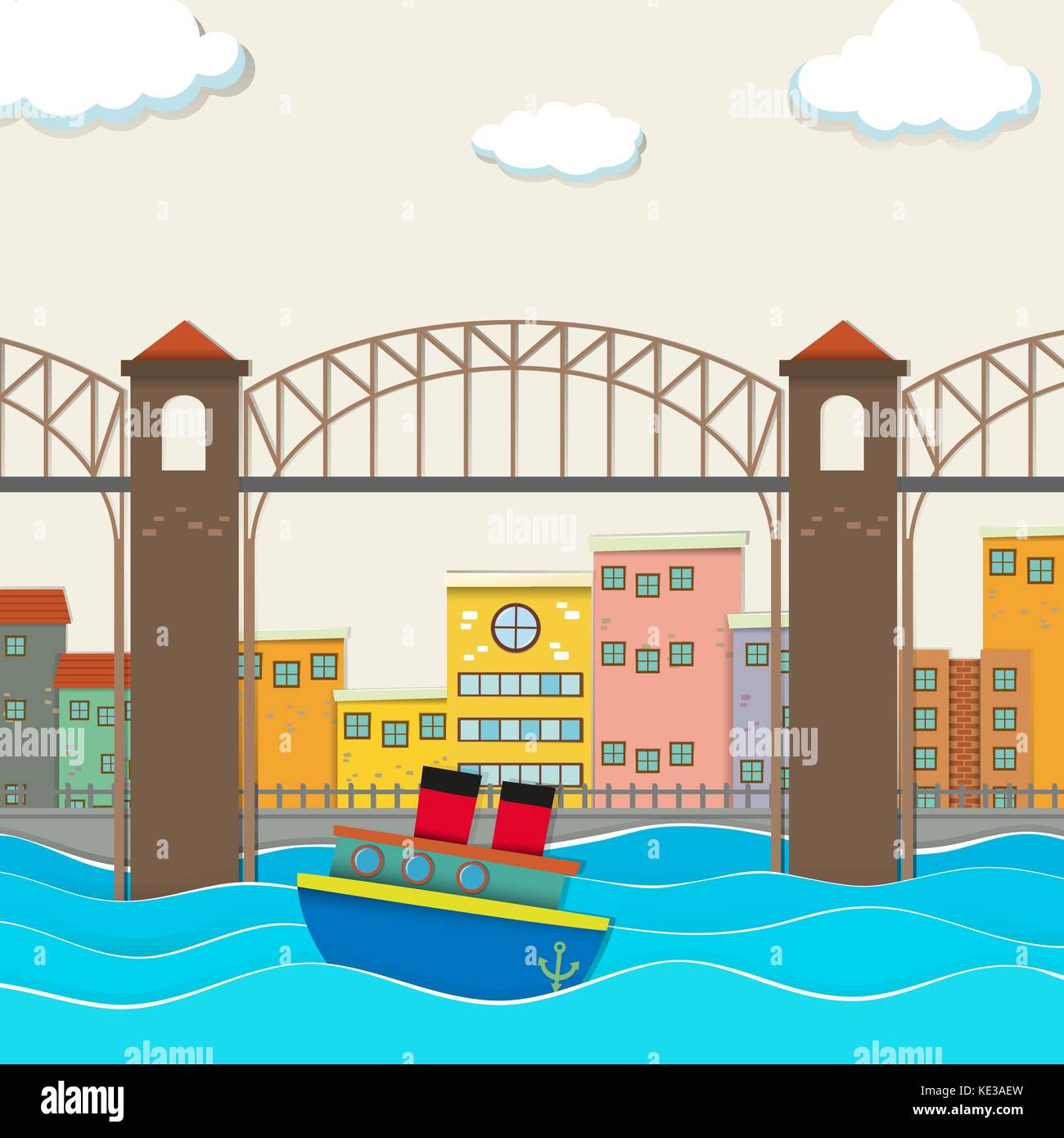 City view with bridge and boat illustration Stock Vector Image & Art ...