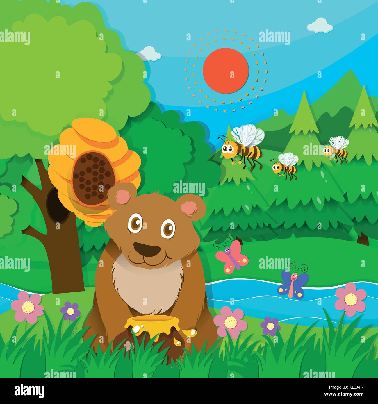 Bear and bees in the forest illustration Stock Vector Image & Art - Alamy