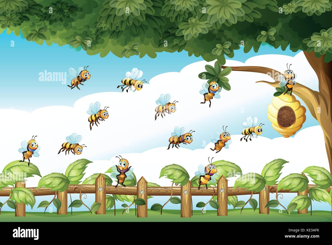 Scene with bees flying around beehive illustration Stock Vector Image ...